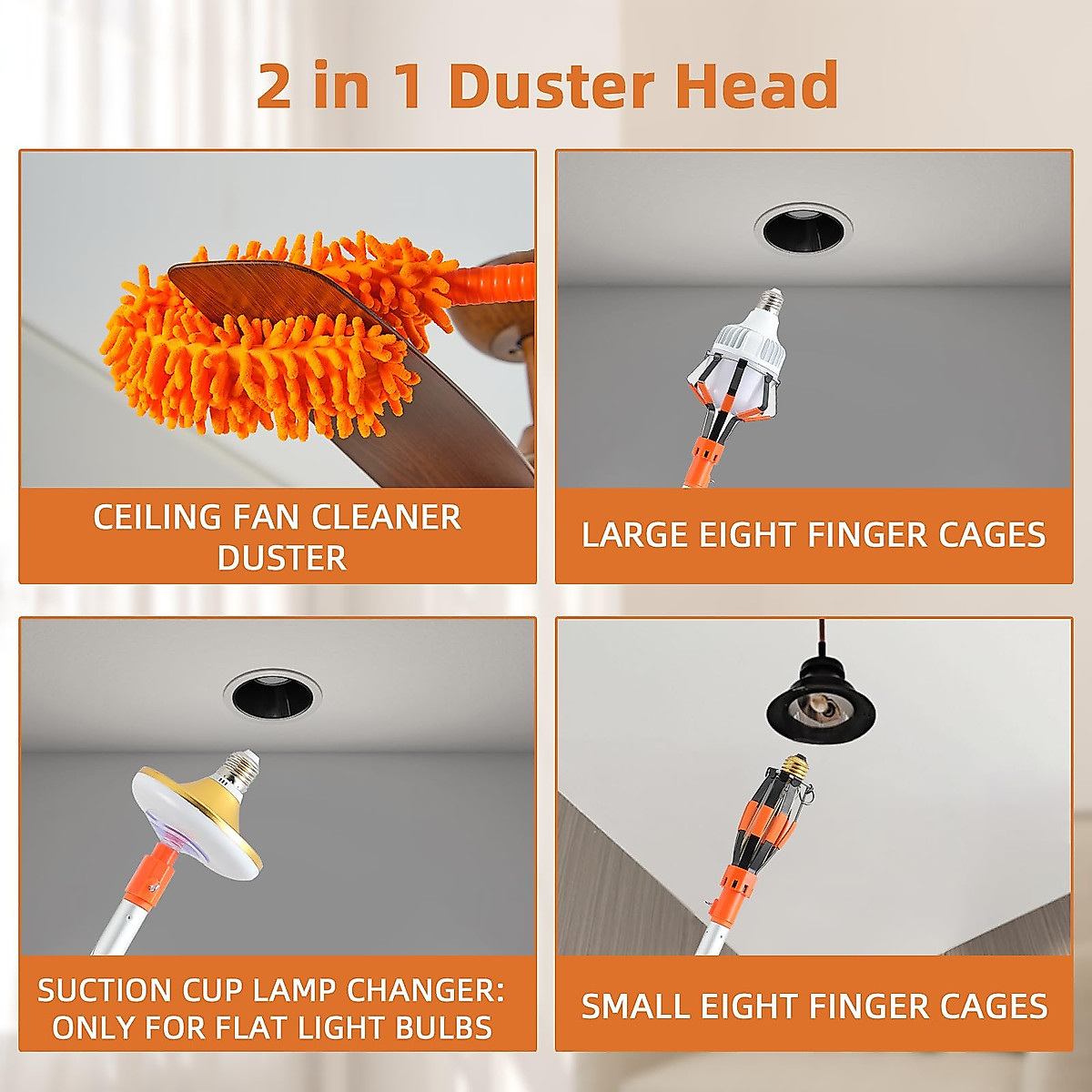 REYDELUZ 12FT Light Bulb Changer for High Ceilings and Recessed Lights, Light Bulb Pole Changer for High Ceilings, Light Bulb Changer with Baskets and Suction Cup, Light Bulb Removal Tool