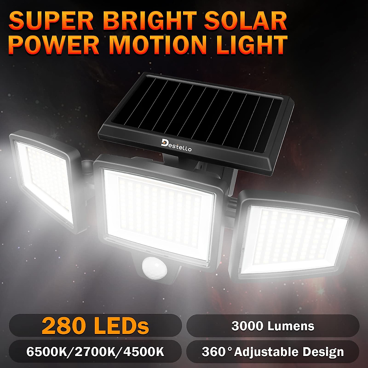 Destello Solar Lights Outdoor,Security Solar Powered Flood Lights, Upgraded High Efficiency Glass Solar Panel Motion Sensor Outdoor Lights,IP65 Waterproof,Outside Yard 3500LM,Adjustable Color 3 Modes