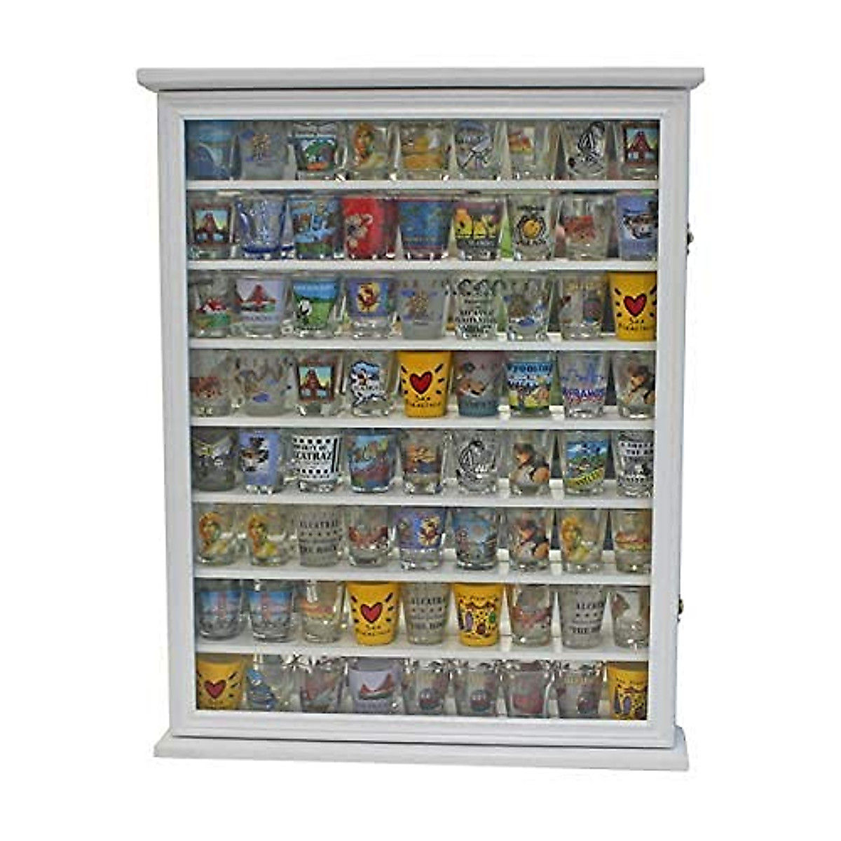 Shot Glass Display Case Solid Wood Wall Shot Glass Cabinet Rack Holder Lockable with UV Protection Acrylic Glass Door Shot Glass Collection Display Cabinet Mirror Back (White Finish)