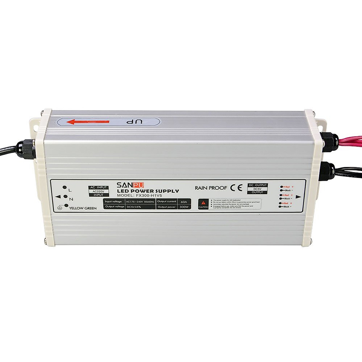 Switch Mode Power Supply 300W 5V 60A Constant Voltage LED Driver 5VDC Rainproof Outdoor 110V AC to DC 5 Volt Transformer Converter (FX300-H1V5)