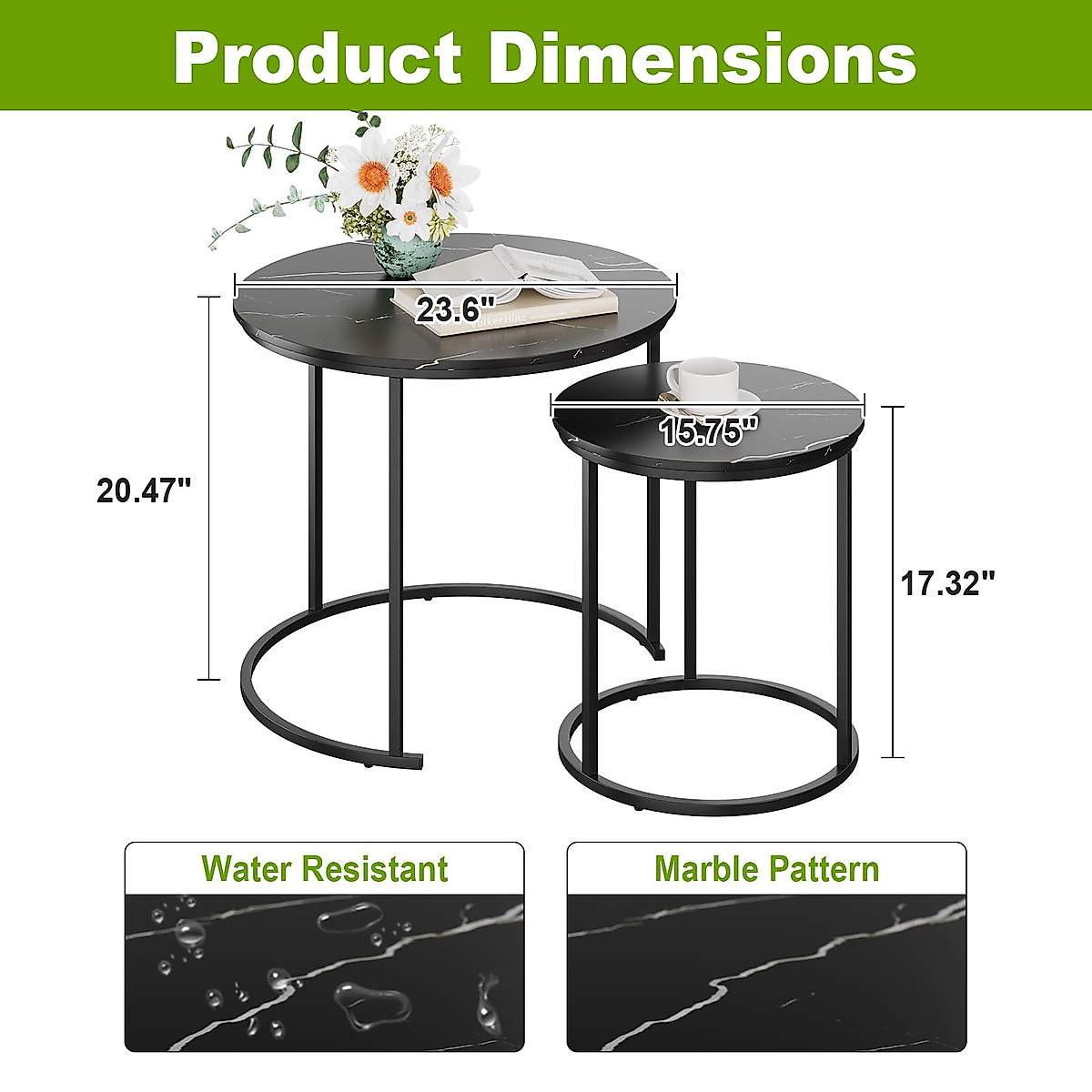 RRG Coffee Table Nesting Black Set of 2 Side - Black Frame and Round Black Marble Wood Table, Industrial End Table Side Tables for Living Room Bedroom Apartment Balcony Yard, Black Marble