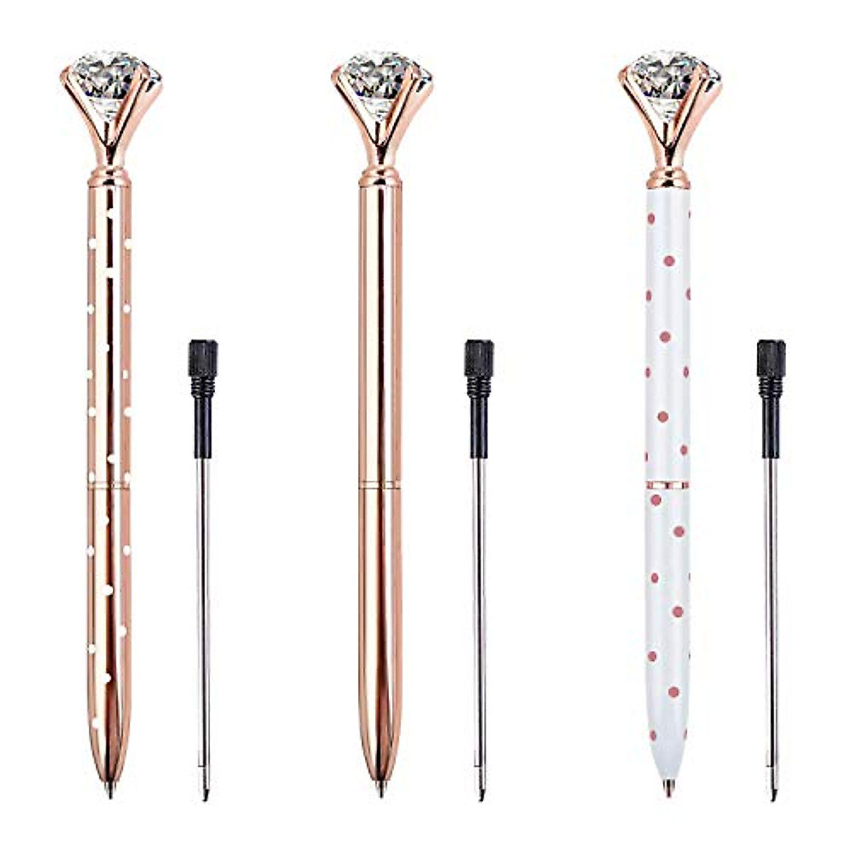 ZZTX 3PCS Big Crystal Diamond Ballpoint Pen Bling Metal Ballpoint Pen Office Supplies, Rose Gold/White With Rose Polka Dots/Rose Gold With White Polka Dots, Includes 3 Pen Refills