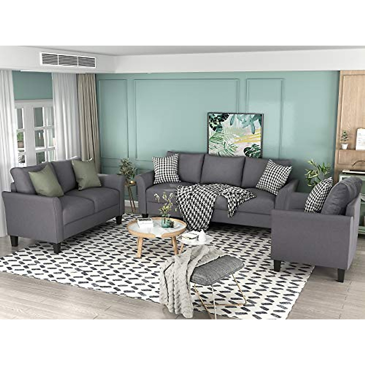 FANYE 3 Piece Living Room Sofa Sets Including 3-Seater Sofá, Loveseat & Sofachair, Modern Polyester Blend Tufted Upholstered Sectional Couch for Home Aprtment Office Studio Furniture(No Pillows)
