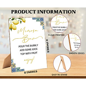 Blue Tiles and Lemons Bridal Shower Mimosa Bar Sign, Table Decor Bridal Shower Sign, Pack of 1 Wooden Tabletop Sign with Stand, Bridal Shower Decorations, Wedding Shower Supplies - XG07AB