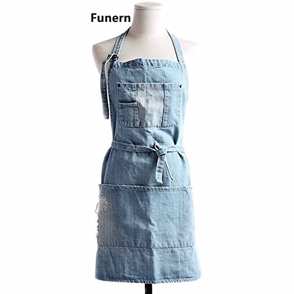 Jowcud Cotton Adjustable Bib Apron with 5 Pockets Cooking Kitchen Aprons Women Men Denim Jean Apron for Cafes Bars Kitchens