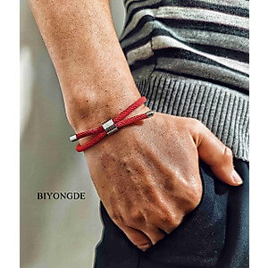 BIYONGDE Red Nautical Woven Friendship Rope Boho Bracelet Handmade Wrap String Steel Charm Adjustable