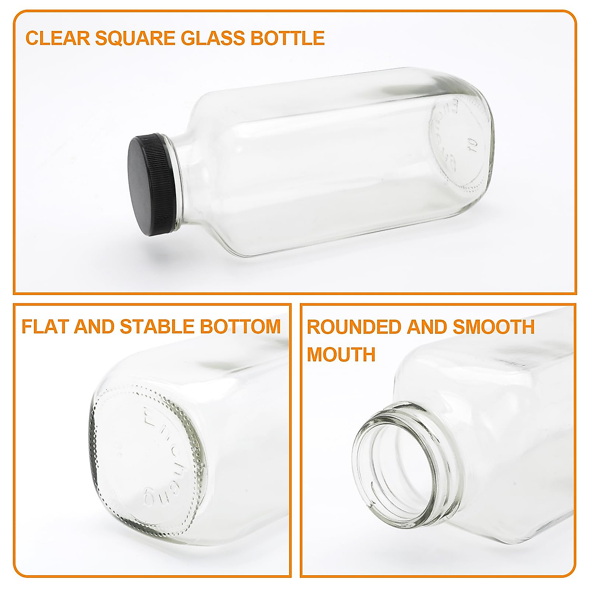 Encheng Glass Juice Bottles with Lids 16oz,Sqaure Juicing Bottles Reusable Glass Drinking Jars Set of 10,Empty 500ml Juice Containers Glass Bottles for Juice,Smoothies,Water,Kombucha