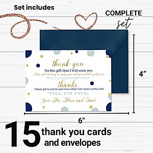 Paper Clever Party Navy and Gold Baby Shower Thank You Cards with Envelopes Blank Notes Prefilled with Message Boys, Personalize for Registry Gifts Royal Prince Notecard Set 4x6 Stationery 15 Pack