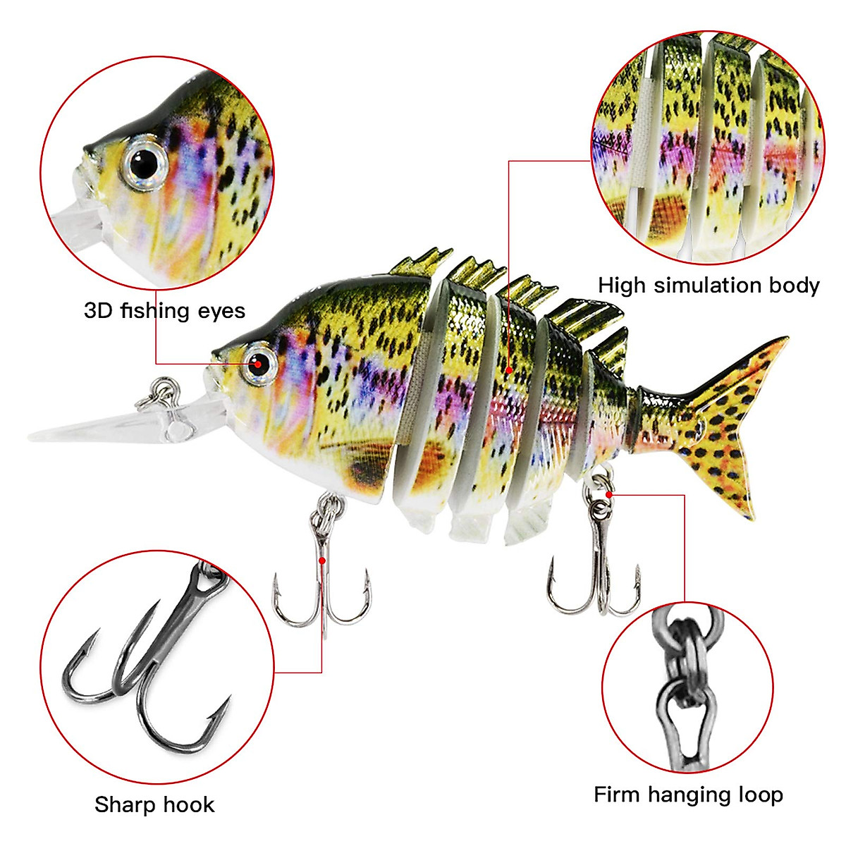 Rose Kuli Fishing Lures for Bass, 4 inch Rainbow Multi Jointed Swimbaits Slow Sinking Bionic Swimming Lures, 6 Segment Lifelike Topwater Hard Lures for Freshwater Saltwater Topwater Bass Trout