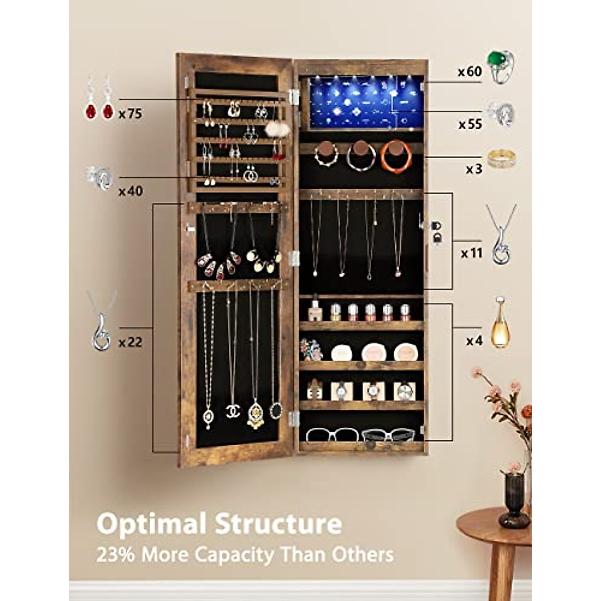 Nicetree 6 LEDs Mirror Jewelry Cabinet with 3 Improvements, 4.2" D Door/Wall Mounted Jewelry Armoire with Full Length Mirror, Larger Capacity, Rustic Brown