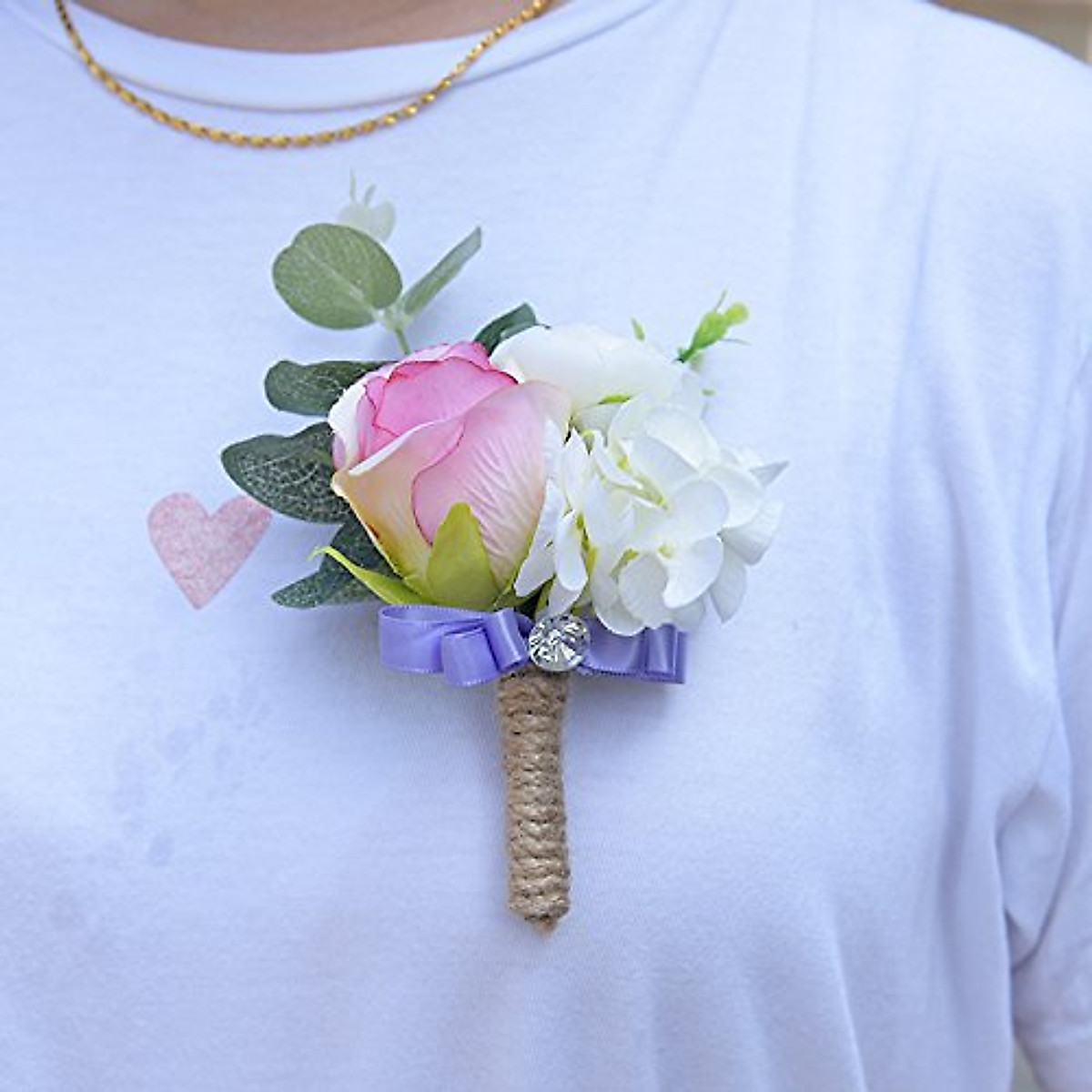 Abbie Home Lavender Rose Wedding Bouquet - White Rose Peony Bridal Holding Flower with Lace Bow tie Decoration for Garden Wedding (Set 617)