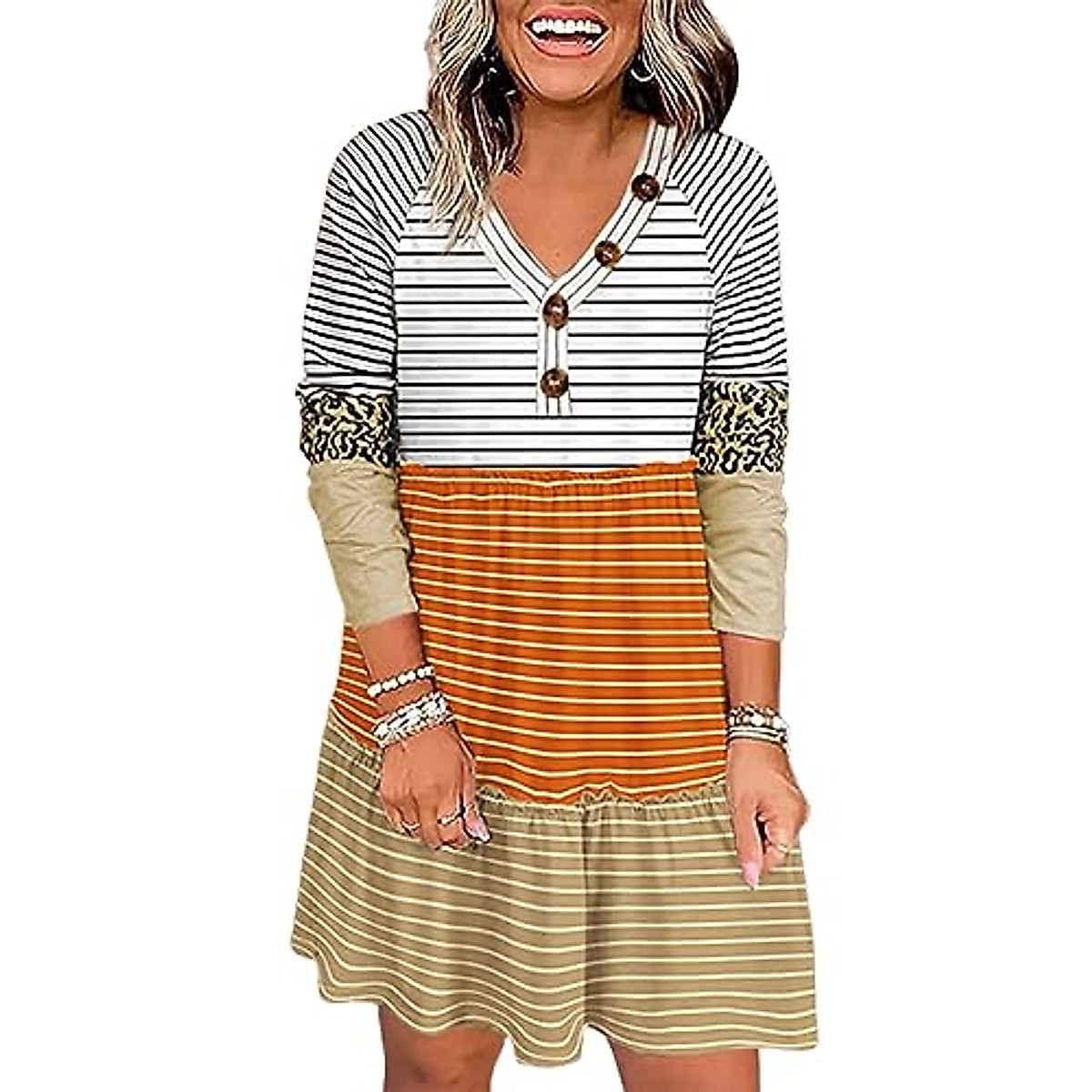 Women Casual Long Sleeve Tunic Dress Cute Button V Neck Swing Babydoll Flowy Tiered Mini Ruffles Dresses Loose Leopard Striped Color Block