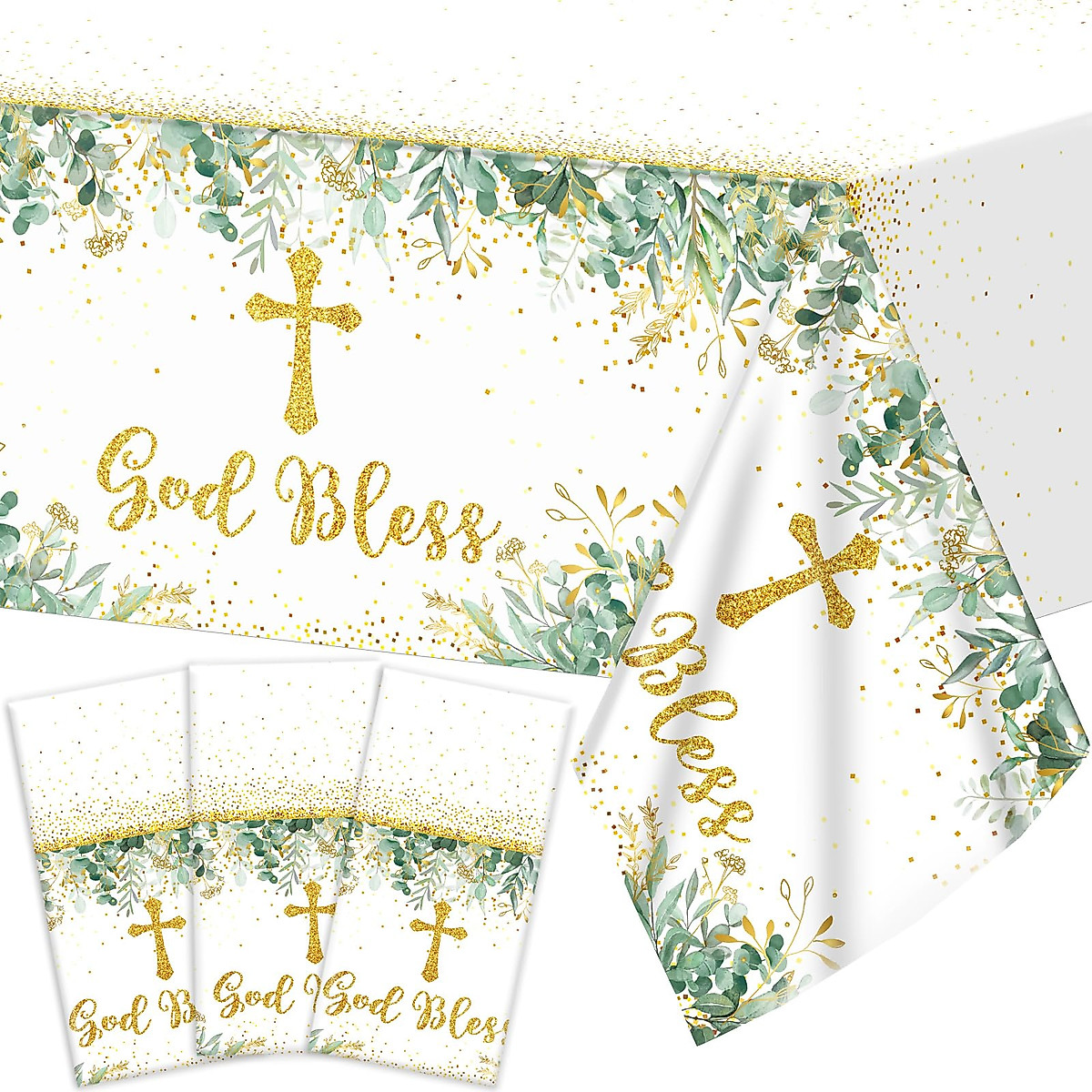 3Pcs God Bless Baptism Tablecloth First Communion Holy Tablecloth Decorations Mi Bautizo Christening Table Cover Disposable Tablecloths for Boys Girls Newborn Baby Shower Party Supplies 54 x 108 inch