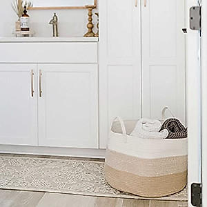 OrganiHaus Woven Baskets for Storage | Modern Boho Laundry Basket | Cotton Rope Blanket Basket for Living Room | Extra Large Storage Basket for Kids | Laundry Hamper & Blanket Holder - Honey (20x13)