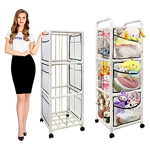 Lmaqfum Stuffed Animal Storage 63" Tall Corner Stuffed Animal Zoo ABS Holder Plushies Storage Organizer Shelf with Elastic Band Side Storage Pockets Bottom Wheels for Birthday Gift Nursery Playroom