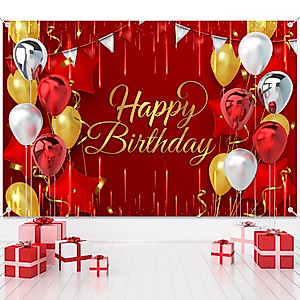Red and Gold Birthday Backdrop Banner Decorations for Girls Boys Women Men Happy Bday Background Photography Party Decor Sign Supplies