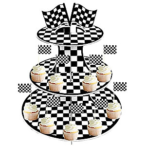 3-Tier Racing Car Theme Cardboard Cupcake Stand/Tower Black and White Checkered Cupcake Stand,24Pcs Racing Flag Cupcake Toppers,Racing Car Party Supplies Black and White Checkered Birthday Party Decor