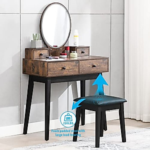 Mjkone Vanity Set with Foldable LED Lighted Mirror, Makeup Vanity Organizer with 4 Storage Drawers, Dressing Desk with Cushioned Stool, Makeup Dresser for Bedroom/Living Room (Retro Brown)