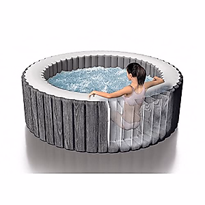Intex PureSpa Greywood Deluxe 85" x 25" Outdoor Portable Inflatable 6 Person Round Hot Tub Spa with Bubble Jets, Hardwater Treatment, Filter and Cover