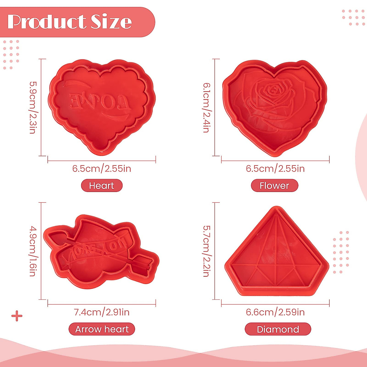 FVVMEED 4 Pieces Valentine's Day Love Couple Rose Diamond Biscuit Cutters Cookie Stamps Plunger Cutter Fondant Molds Embossing Spring Mold Press Cupcake Gum Paste Sugar Craft Decorating Baking Tool