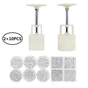 Accfore 2 Pack Mooncake Mold Press with 10 Stamps,Round Flower and Square Flower Decoration Tools for Moon Cake Baking DIY Cookie Stamps Pastry Biscuit Desser