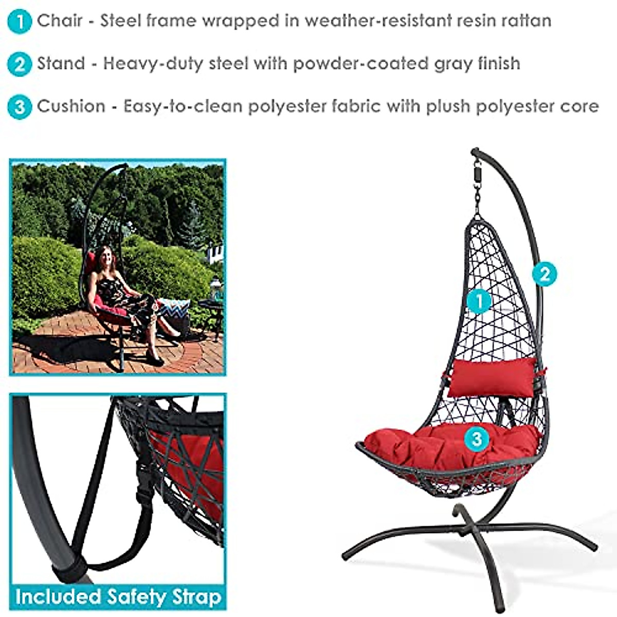 Sunnydaze Phoebe Hanging Lounge Chair with Stand and Seat Cushions - Resin Wicker Outdoor Basket Swing Chair with Steel Frame for Patio, Porch, Balcony, Backyard and Garden - 79-Inch - Red