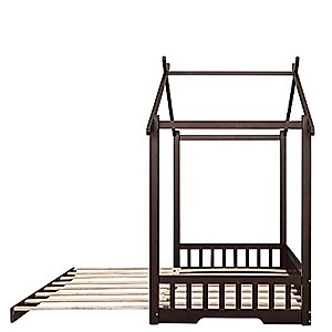 LCH Extending House Bed, Wooden Daybed Frame, Double Twin Size Bed, Wooden Daybed with Trundle for Kids Toddlers Girls Boys, Practical Durable Bed, for Bedroom, Apartment and Dorm, Espresso