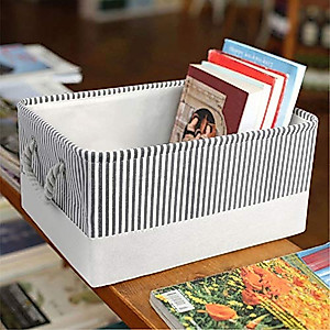 ANMINY 3PCS Storage Baskets Set Foldable Canvas Stripe Storage Bin Box with Cotton Rope Handles Decorative Nursery Baby Kid Toy Clothes Towel Laundry Organizer Containers - Medium, Dark Gray