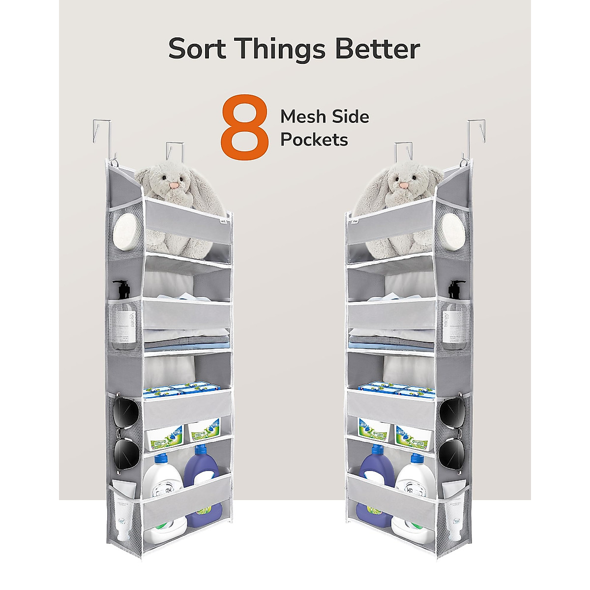 ULG 2 Pack Over The Door Storage Organizer with 4 Pockets 8 Mesh Side Pockets, 36 lbs Weight Capacity Door Hanging Organizers for Bedroom,Bathroom,Nursery,Pantry,Dorm(Light Gray)