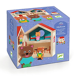 DJECO Minihouse Wooden Toy - Educational Playhouse with Family of Cats - Interactive Toddler and Baby Toys for Boys & Girls, 18+ Months