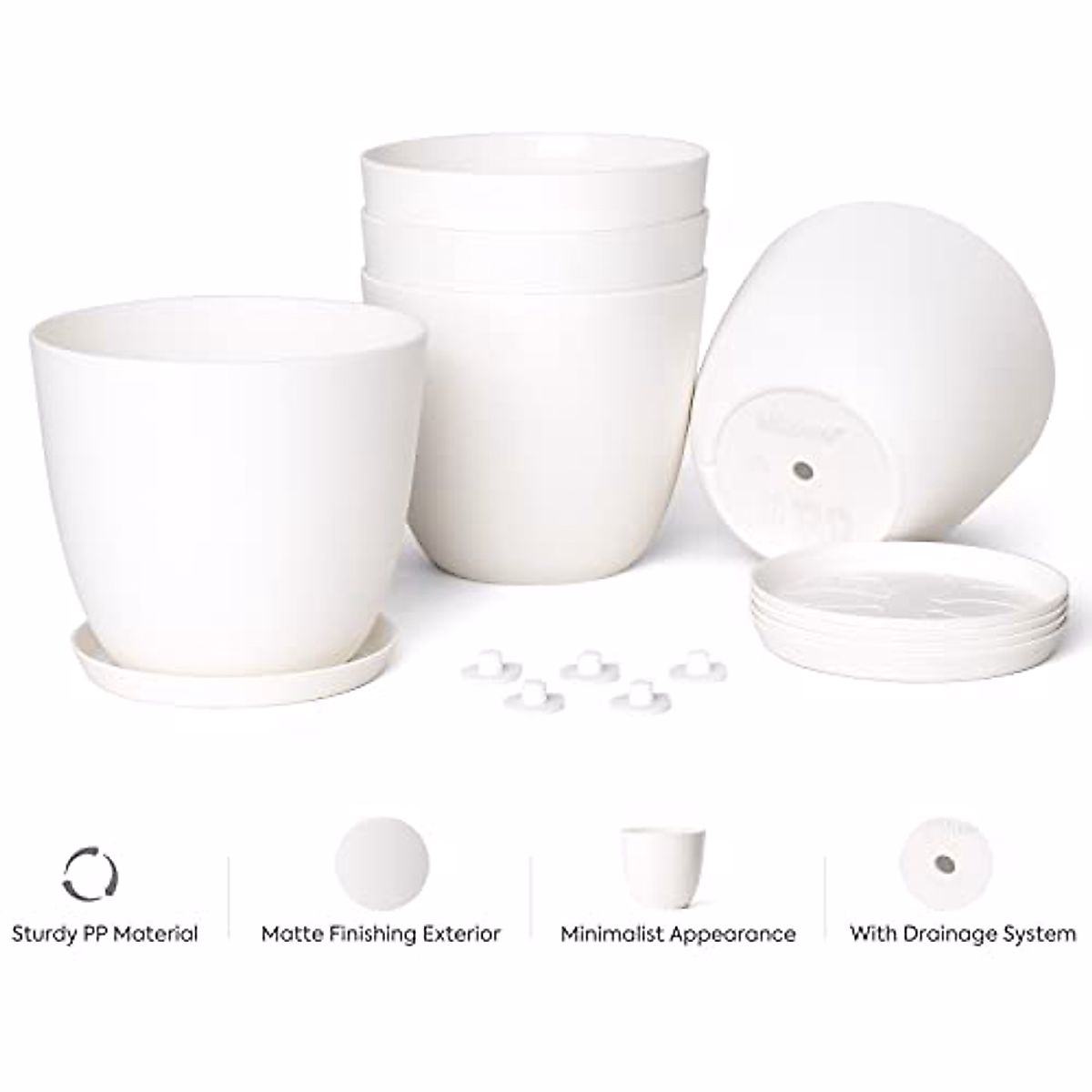 Mkono 4.5" Plastic Succulent Planters with Saucers, Indoor Set of 5 Nursery Pots Modern Flower Plant Pot with Drainage for All Small House Plants, Herbs, Foliage Plant, and Seedling, Cream White