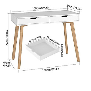 FOTOSOK White Computer Writing Desk with 2 Drawers, Modern Home Office Desk with 4 Oak Legs, Small Makeup Vanity Table Desk Console Study Table