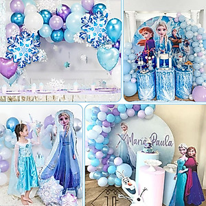 Frozen Birthday Party Supplies, Frozen Party Decorations 82 PCS Include Frozen Backdrop Snowflake Balloon Garland Arch Kit, Elsa, Anna and Olaf Foil Balloon and Happy Birthday Banner for Kids Birthday