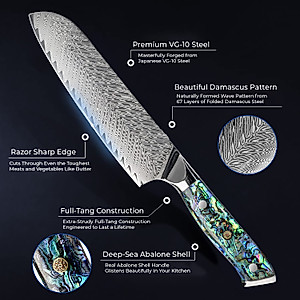 SENKEN Damascus Steel 7" Japanese Santoku Knife with Real Deep-Sea Abalone Shell Handle - Umi Collection - 67-Layer Japanese VG10 Forged Steel Blade, Integrated Full-Tang Molding (7" Santoku Knife)