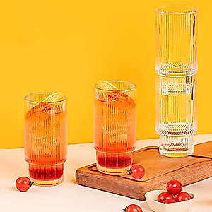 Combler Ribbed Drinking Glasses, Ribbed Glass Cups 11oz Set of 4, Ribbed Glassware for Water Whiskey Beer Cocktail Glasses, Iced Coffee Cup, Apartment Must Haves Essentials, Birthday Gifts for Women
