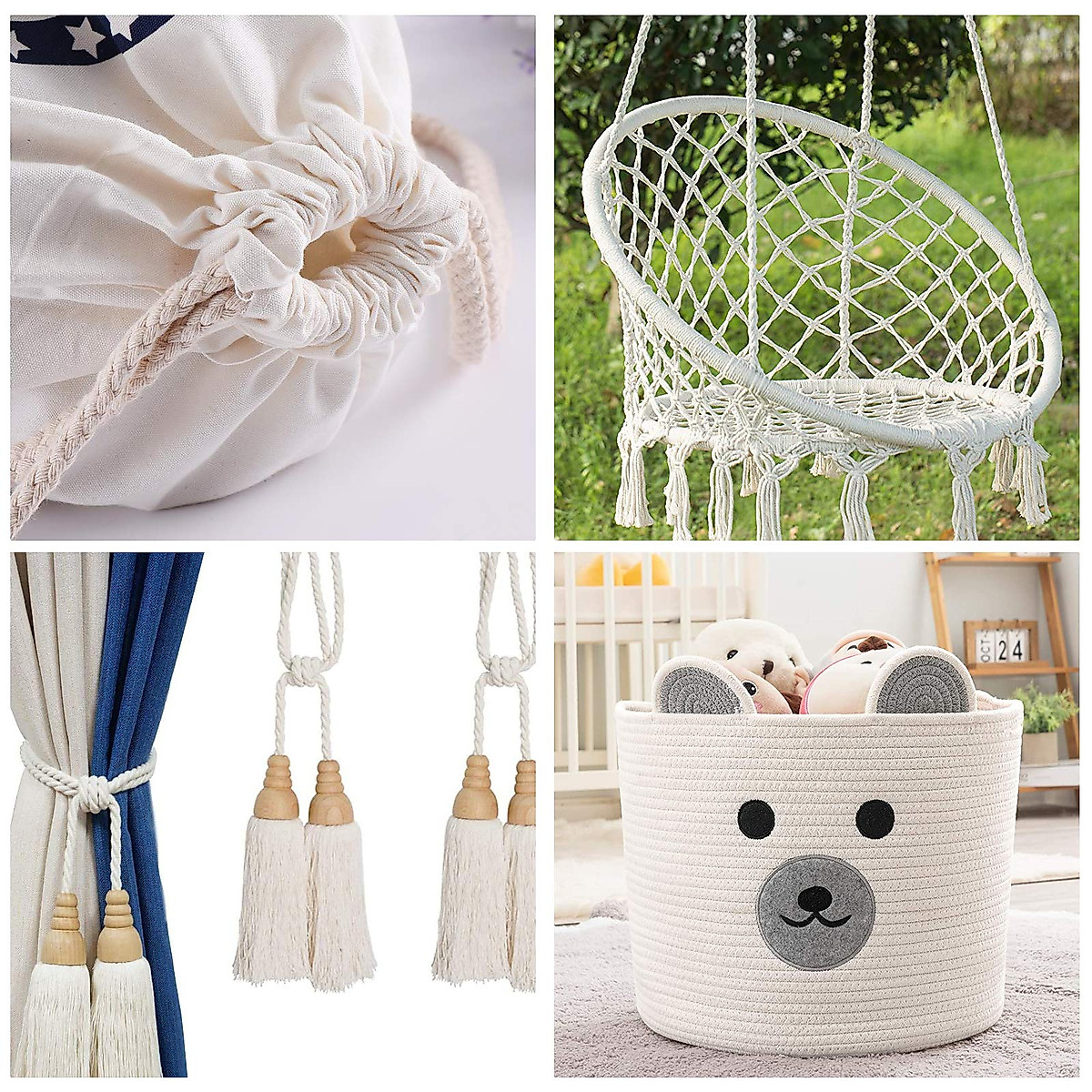 Hdviai Macrame Cord - Natural Unbleached Macrame Rope - 4 Strand Twisted Cotton Rope for Wall Hanging，DIY Craft Making，Plant Hangers，Knotting Decorative Projects (8mm x 20 Yards, White)