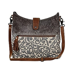Myra Bag Flourish Shoulder Bag Upcycled Canvas, Rug, Leather & Cowhide S-2655