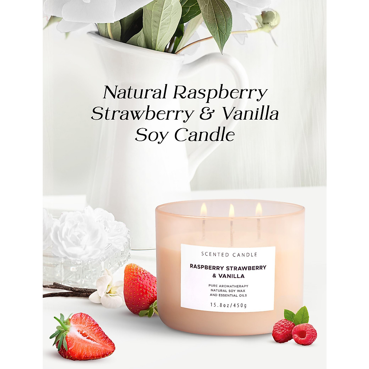 Raspberry Strawberry Vanilla Scented Candles for Home | Natural 3 Wick Soy Candle | Calming Aromatherapy Candle Gift for Women and Men | 15.8 Oz Large Relaxing Candle Highly Scented