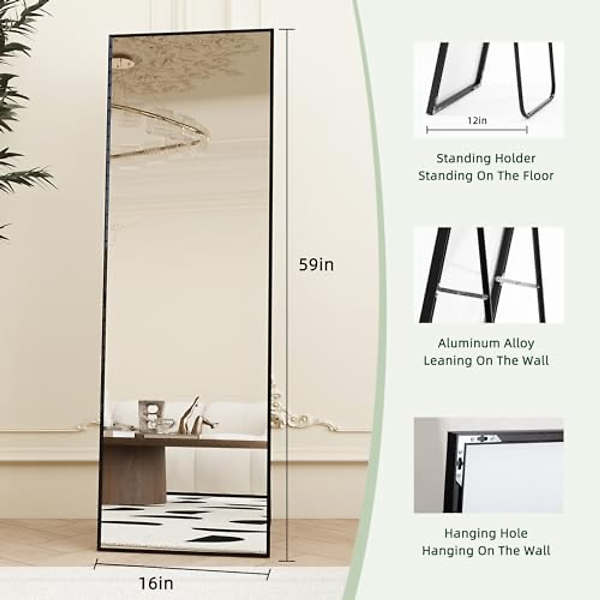 Beauty4U Beveled Edge Full Length Floor Mirror, 59" x 16" Free Standing Hanging or Leaning Body Mirror, Wall-Mounted Mirror Dressing Mirror for Bedroom, Bathroom, Black
