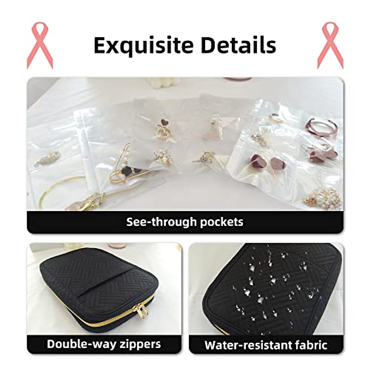 Nelonis Travel Jewelry Organizer Portable Jewelry Roll Transparent Jewelry Organizer Book Ring Binder Jewelry Bags, Earrings, Rings, Bracelets, Necklaces (Black)