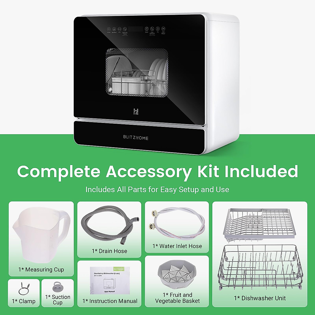 BLITZHOME Countertop Portable Dishwasher, 9 Programs, 167℉ High-Temp, 360° 3 Spray, 24H Timing, Hot Air Drying, Air Refresh, Baby-Care, LED Light, 5.2L Built-in Water Tank for Apartments RVs