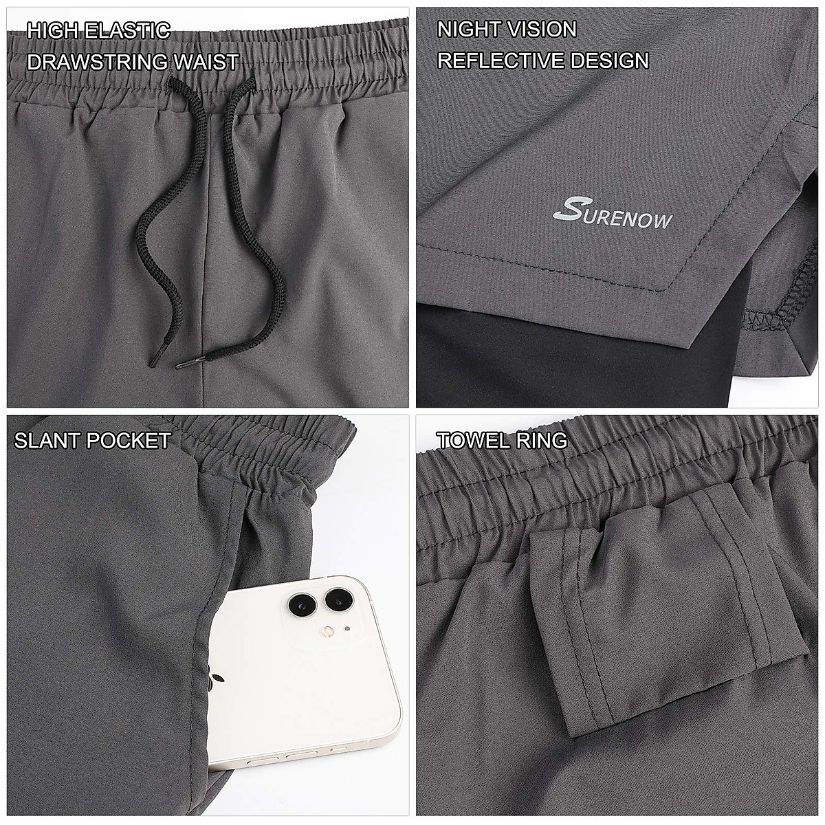 Surenow Mens 2 in 1 Running Shorts Quick Dry Athletic Shorts with Liner, Workout Shorts with Zip Pockets and Towel Loop Dark Grey