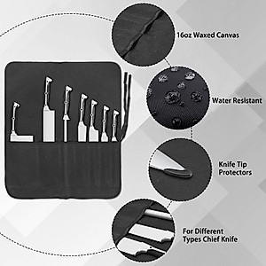 lelezone Knife Roll, Chef Knife Bag, Waxed Canvas Heavy Duty Knife Pouch with 7 Slots, Knife Bags for Chefs Professional with Knife Tip Protectors Tool Storage Roll for Kitchen Travel Camping (Black)