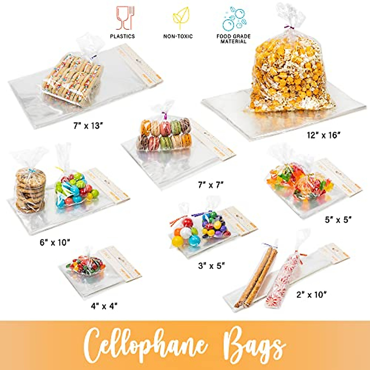 TATTI 100 Pack Clear Plastic Large Cellophane Bags 12x16 With 4inches Twist Ties, Plastic Cello Bags 1.4 mils for Cookies Candy Gift Birthday Party Favor (Pack of 100)