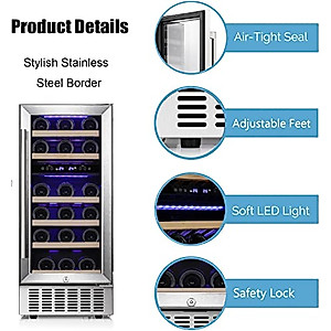 Antarctic Star 15" Wine Cooler Under Counter Beverage Refrigerator Beer Mini Fridge 28 Bottles Dual Zone Built-in Freestanding Stainless Steel Double-Layer Tempered Glass Door