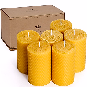 Beeswax Pillar Candles Set of 6 - Handmade Pure Beeswax Rolled Candles for Gift & Home Decor (2×3.4 in)