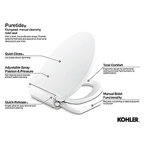 Kohler 5724-0 Puretide Toilet seat, Elongated, White & American Standard 5900A05G.020 Aqua Wash Non-Electric Bidet Seat for Elongated Toilets, 14.9 in Wide x 3.6 in Tall x 21.1 in Deep, White