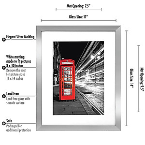 Americanflat 11x14 Picture Frame in Silver - Displays 8x10 with Mat or 11x14 Without Mat - Engineered Wood with Shatter Resistant Glass - Horizontal and Vertical Formats for Wall