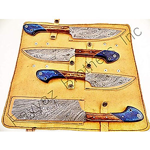 Custom Hand Made Damascus Steel Kitchen Knives Set/Chef Knives Set/BBQ Knife 4-Pieces Set FBK-01041, 01043, 01052, 01055, 01058, 01062 and 01063 (Cognac and Blue Colored Wood)