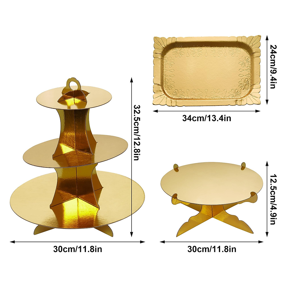 Rbenxia 7 Pieces Cake Stand Set 3-Tier Round Cardboard Cupcake Tower with Rectangle Serving Tray 1-Tier Round Cake Stand Dessert Holders for Birthday Party Wedding Bridal Shower (Gold)